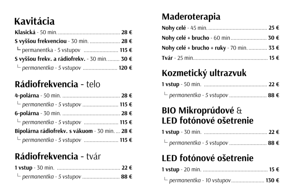 Cenník zdravia a krásy - Studio Body Care